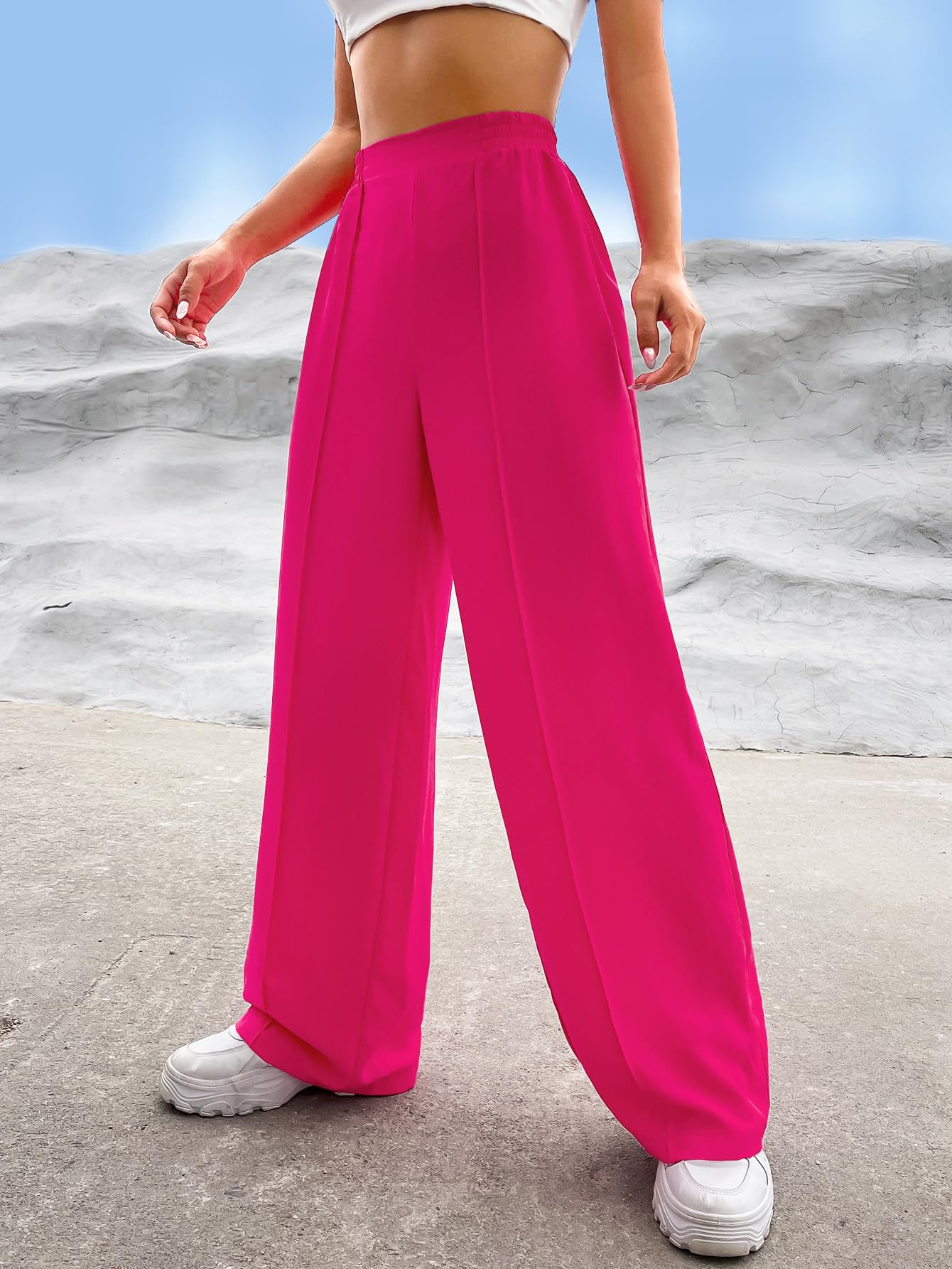 Verdusa Women's Elastic High Waist Solid Straight Leg Pants Casual Long Trousers Hot Pink M