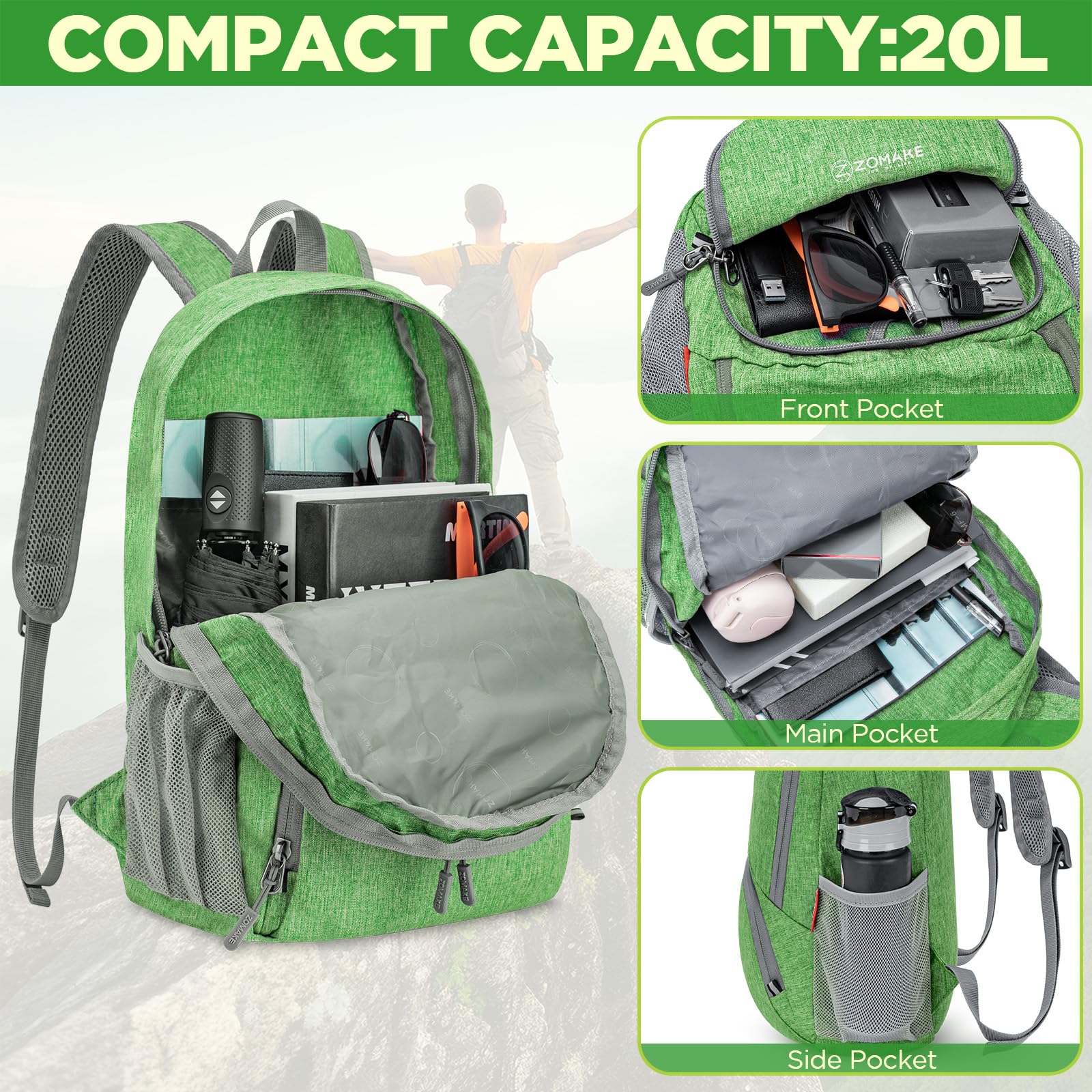 ZOMAKE 20L Lightweight Packable Hiking Backpack for Women Men - Small Hiking Daypack for Travel - Tear Resistant Foldable Day Pack for Camping Outdoor Sports(Black)
