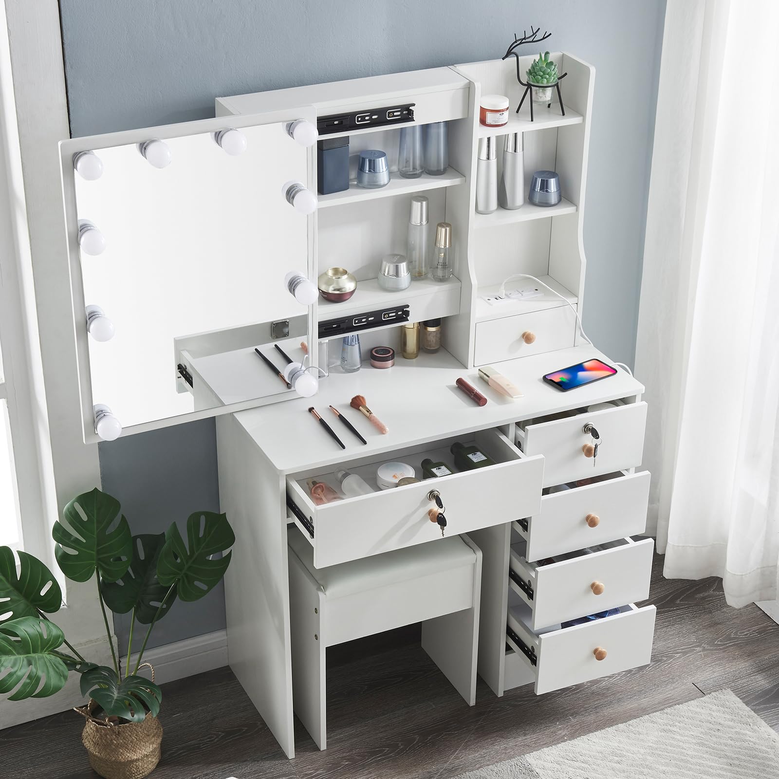 Vanity Table with Mirror and Lights, Power Outlet, Vanity with Chair and 5 Drawers for Girls, Modern Makeup Dressing Table with Hidden Storage, White