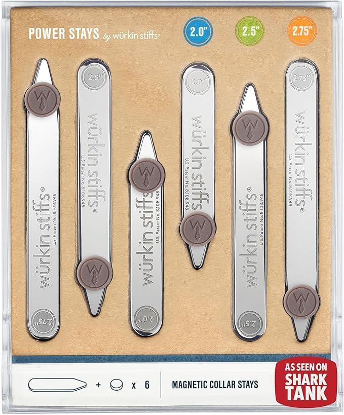 Würkin Stiffs 3-Pair Power Stays Magnetic Collar Stays 3 Pair, 3 Sizes | Includes (2) 2.0” Power Stays, (2) 2.5” Power Stays and (2) 2.75” Power Stays | Gift for Men | As Seen on Shark Tank
