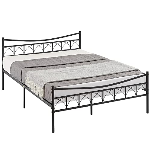 VECELO Queen Size Bed Frames, Heavy Duty Metal Bedframe with Vintage Headboard and Footboard, Mattress Foundation/No Box Spring Needed/No Noise/Easy Set Up, Black