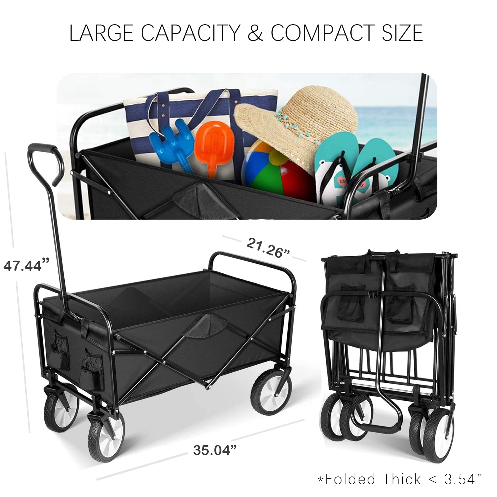 YSSOA Folding Garden Cart PRO, Collapsible Handy Wagon with 360 Degree Swivel Wheels & Adjustable Handle,220lbs Weight Capacity,Black