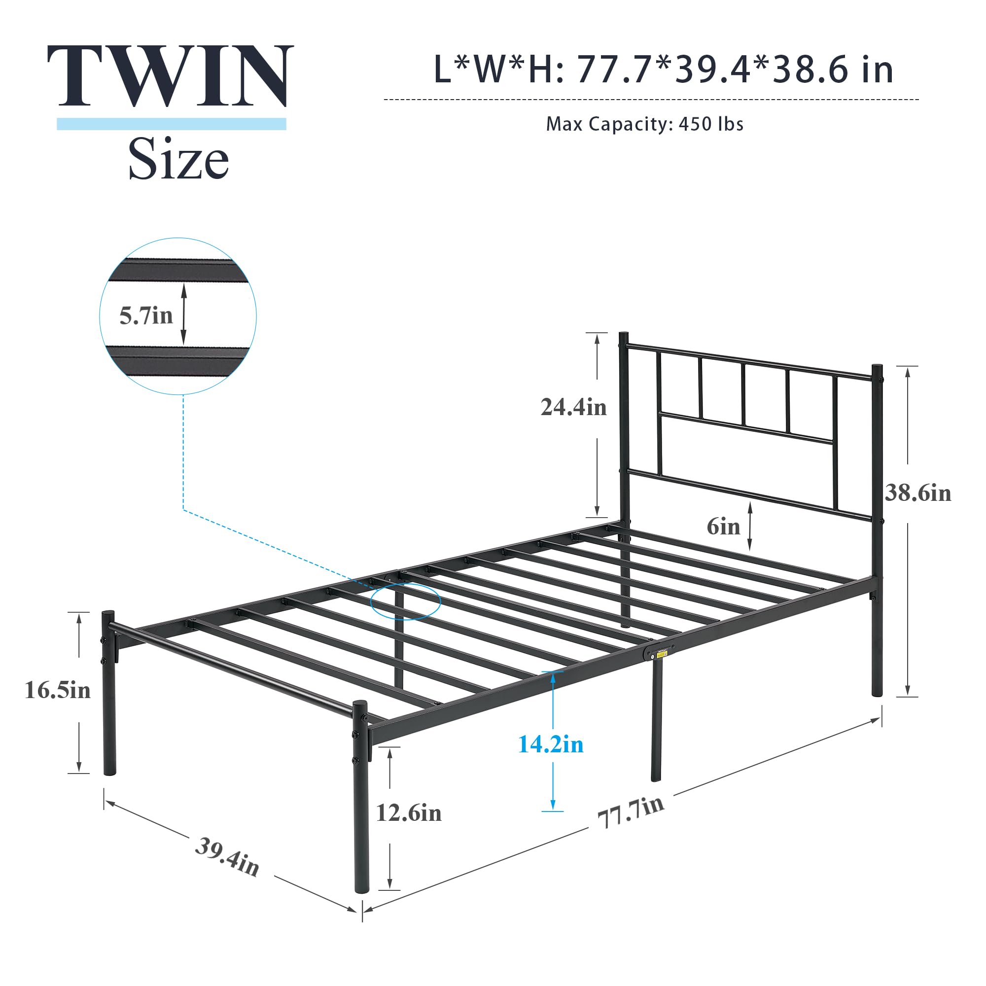 VECELO Twin Bed Frame, 14 Inch Metal Platform with Headboard, Heavy Duty Steel Slat Support, No Box Spring Needed, Easy Assembly
