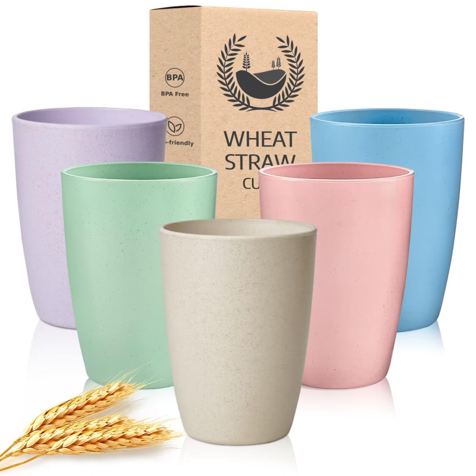 ZORRITA 5 Pack 12 oz Wheat Straw Cups, Reusable Plastic Drinking Cups Unbreakable Water Glasses Dishwasher Safe Tumblers for Juice, Soda, Milk, Coffee