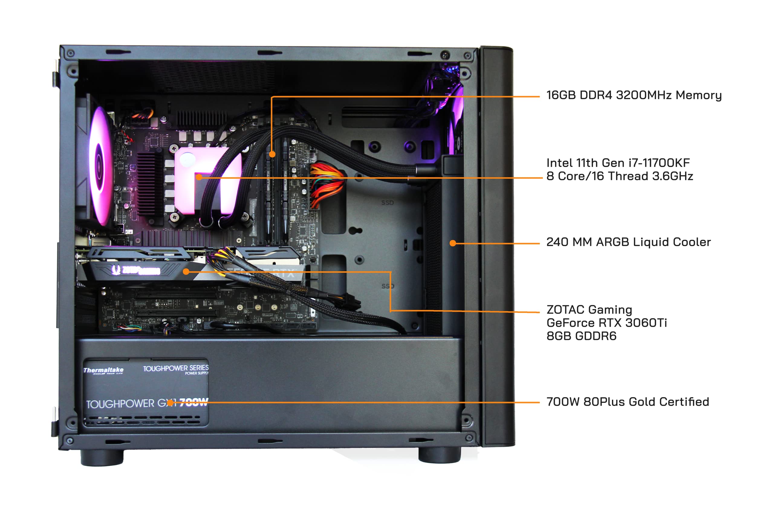 ZOTAC Gaming MEK Hero G1 I1736KFT Liquid Cooling Gaming PC Desktop Intel 11th Gen Core i7 11700KF, GeForce RTX 3060 Ti 8GB, 16GB 3200 MHz DDR4, 1TB M.2 NVMe SSD, RGB β- GH3060TI170KF01BL-U-W2B