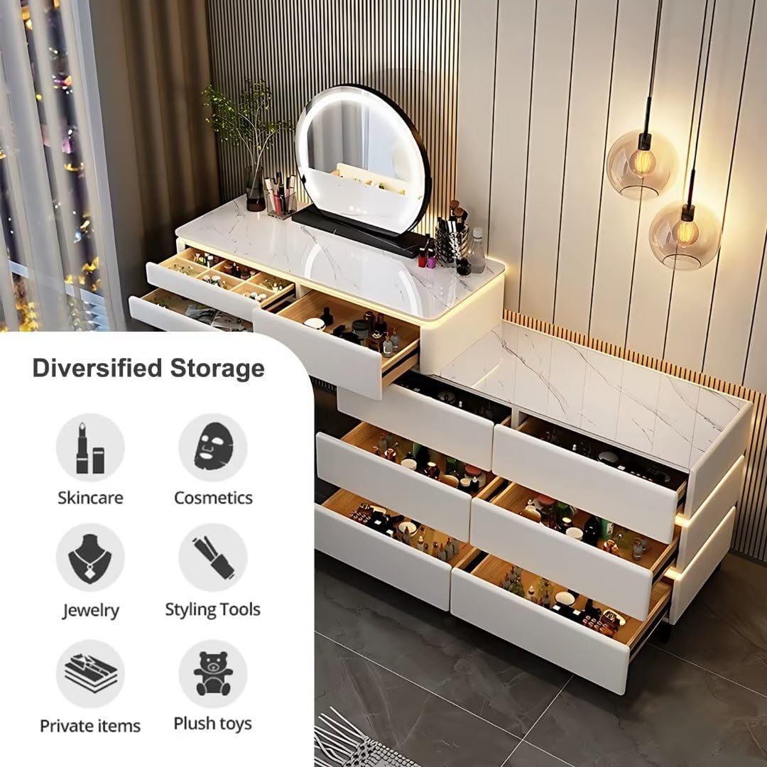 VELLE Solid Wood Vanity, White Vanity Desk with Drawers and Ambient Light, Makeup Vanity Set Includes Petal Chair and LED Lighted Mirror (39 in, 9 Drawers)