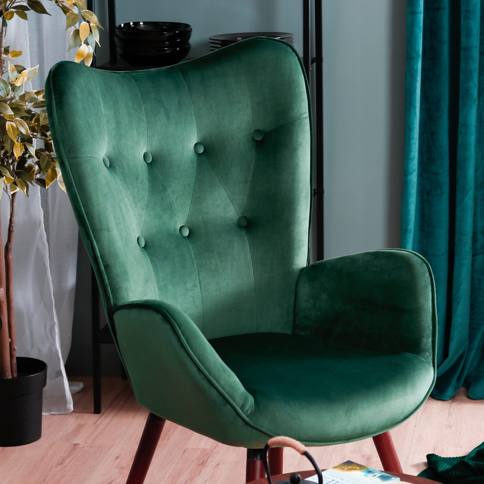 Velvet Accent Chair, Upholstered High Backrest Arm Chair with Modern Button-Tufted Wingback and Solid Wood Legs for Living Room Bedroom Lounge, Dark Green
