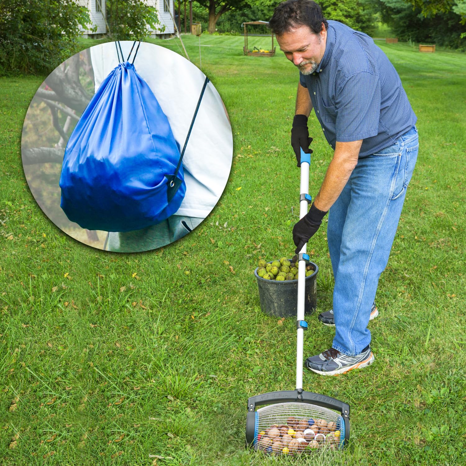 Zozen Nut Gatherer, Walnut Picker Upper Roller, Pinecone Picker Upper - Side Opening Dump | Apply to Walnut, Pecan, Hickory, Chestnuts, Buckeyes, Golf, Crab Apple Objects Size 1'' to 2.5''; 1.5 Gallon
