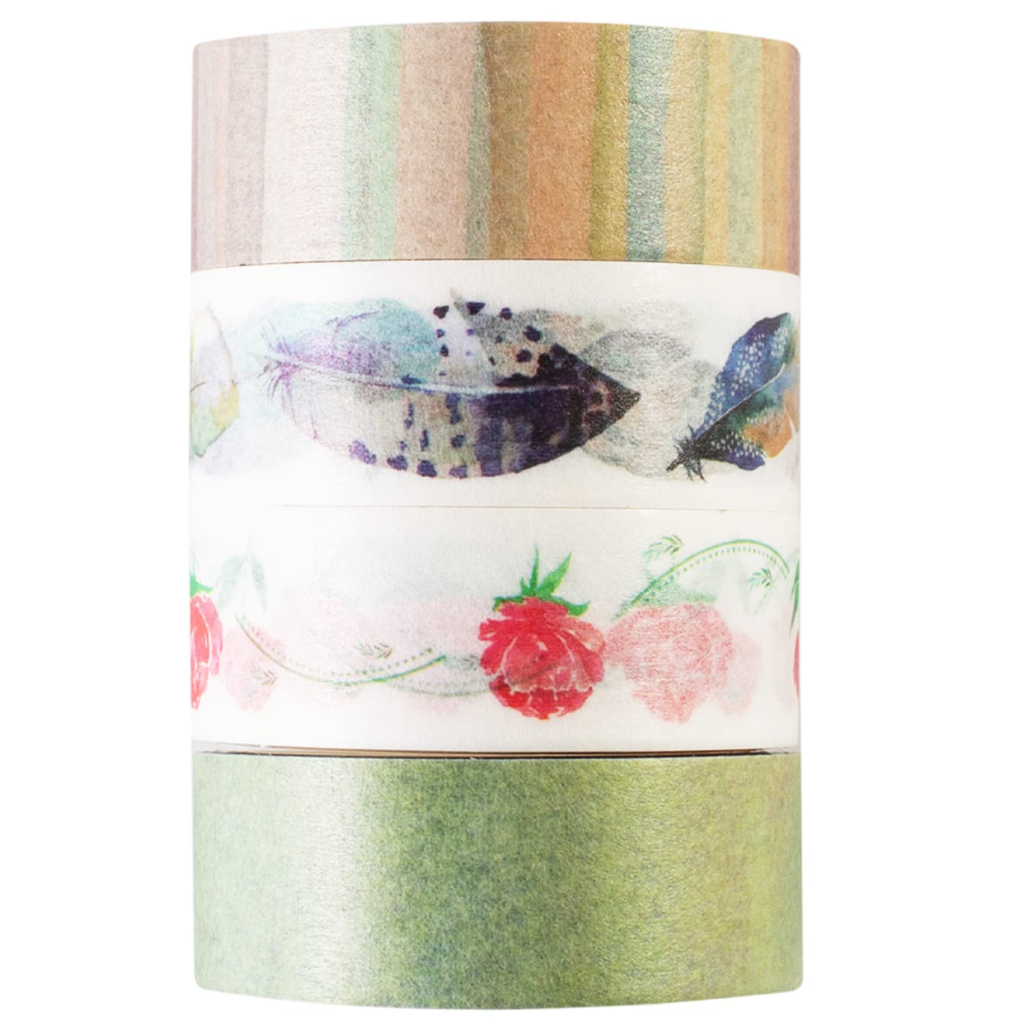 YUBBAEX Romantic Garden Washi Tapes 4 Rolls Feather Rose Masking Tape Set Decorative for Arts, DIY Crafts, Journal Supplies, Planners, Scrapbook, Card/Gift Wrapping