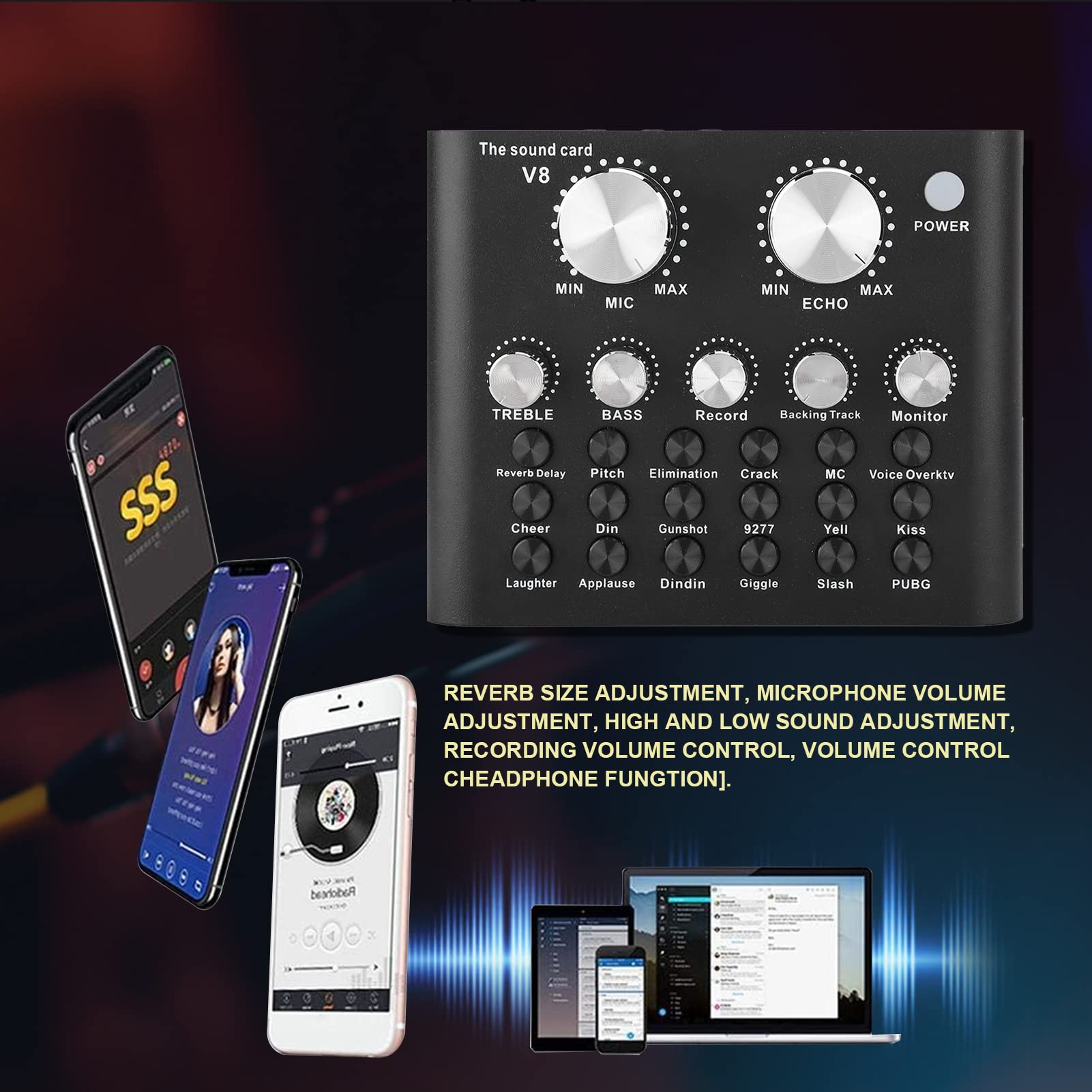 V8 Bluetooth Voice Sound Card,Multifunctional Live Audio Mixer Sound Card,USB Interface Sound Card with Multiple Funny Sound Effect for Recording Live Hosting