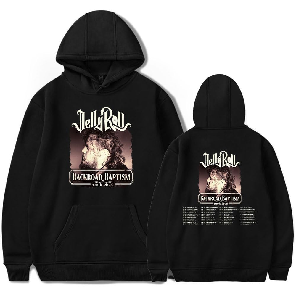 ZJHXQEVC Jelly Roll Singer Merch Backroad Baptism Tour Hoodie Women Men Long Sleeve Sweatshirt Streetwear (black,Medium)