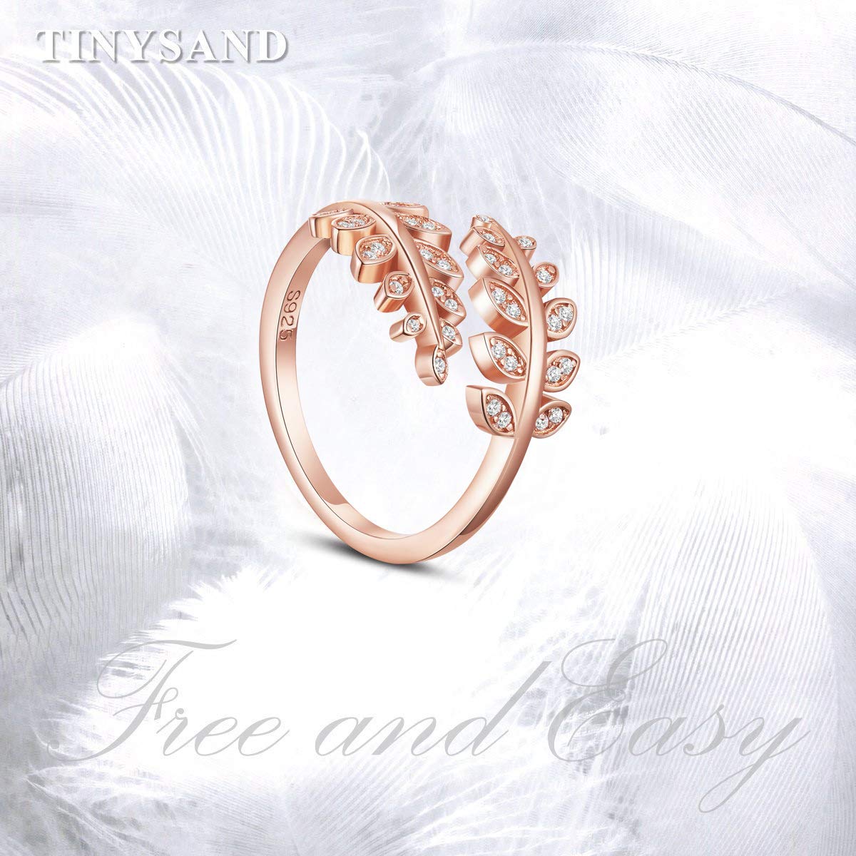 TINYSAND Women's 925 Sterling Silver with 18K Rose Gold Plated Wrap Around Olive Leaf Branch Ring, Paved Cubic Zirconia Stone Adjustable Stackable Open Ring