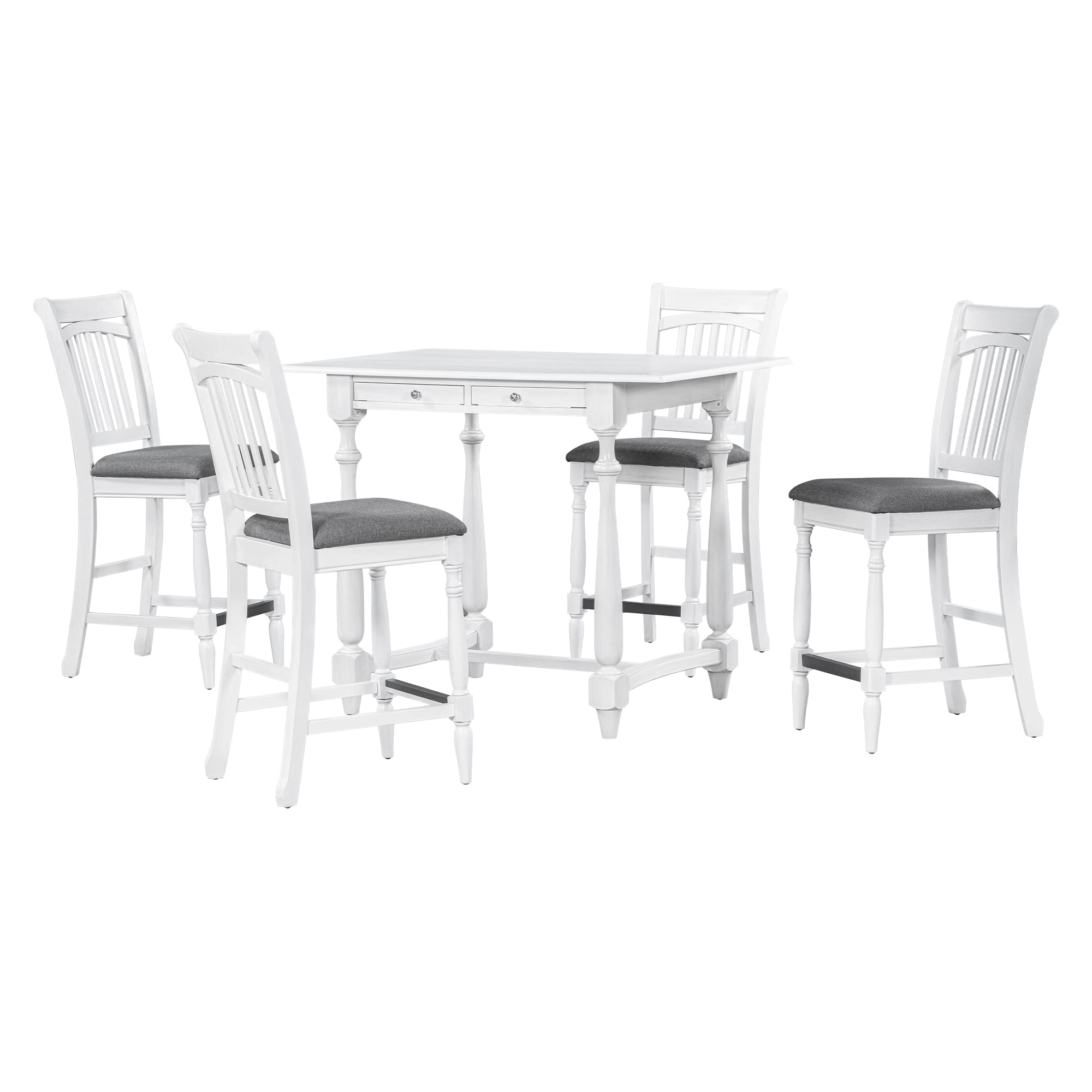 YuiHome Dining Table, Mid-Century Farmhouse 5-Piece Wood Counter Height Kitchen Furniture Set with Storage Drawers and 4 Upholstered Chairs,White, White2