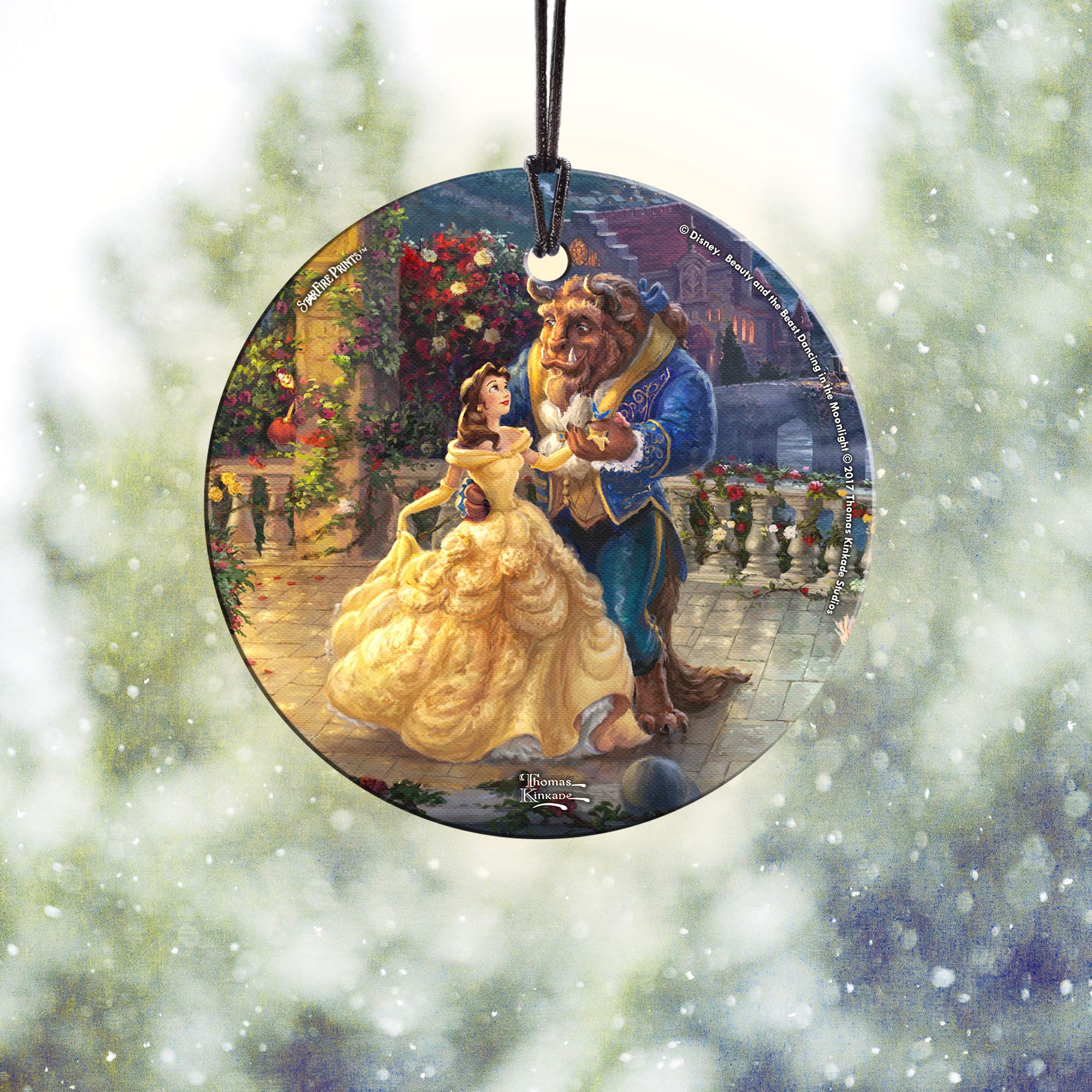 Trend Setters Thomas Kinkade Disney Dancing in The Moonlight Beauty and The Beast 3.5β Starfire Prints Hanging Glass Print Accessory