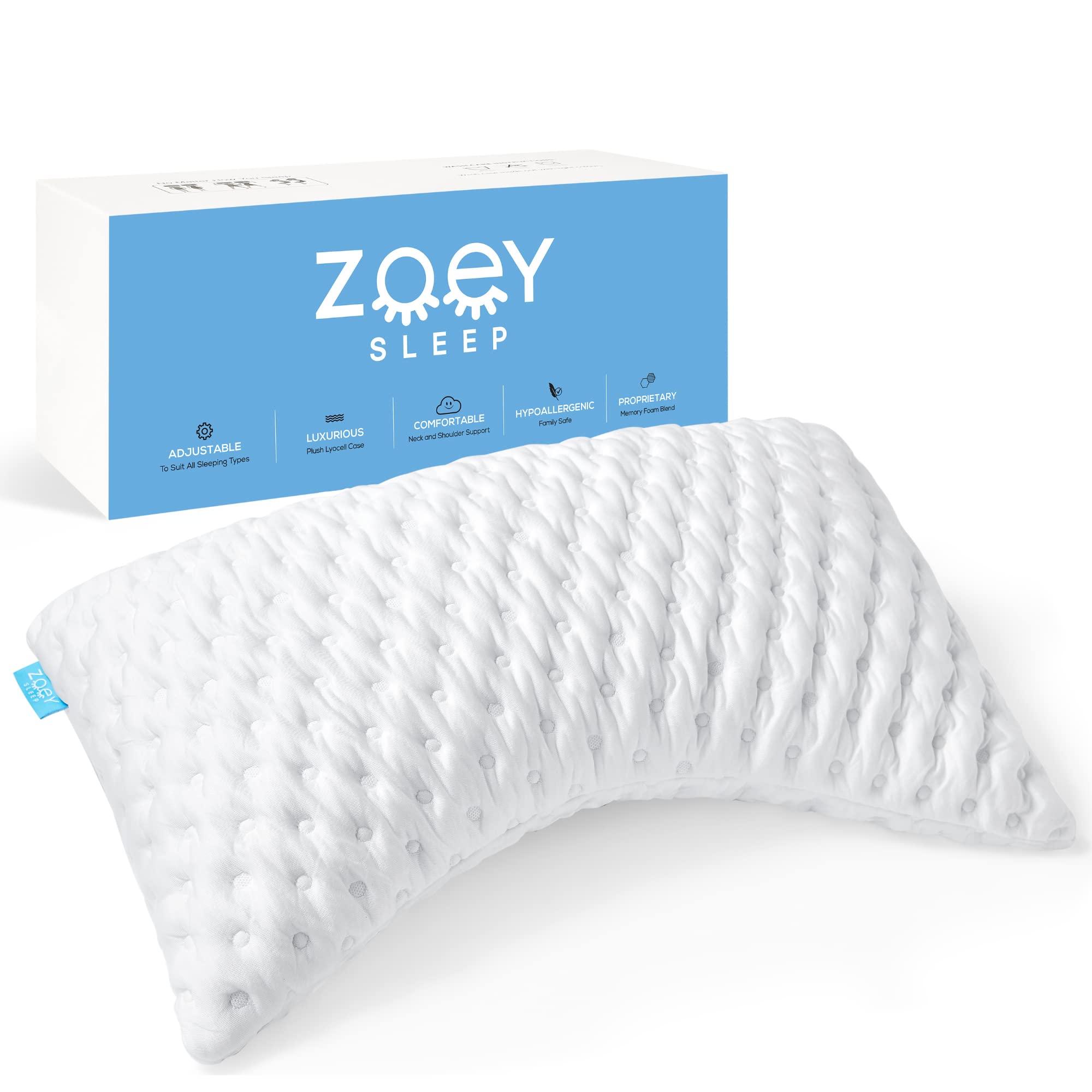 Zoey Sleep Side Sleep Pillow for Neck and Shoulder Pain Relief - Adjustable Memory Foam Bed Pillows for Sleeping - Plush Machine Washable Pillow Cover - Queen Size 19" x 29" (Queen, Grey)