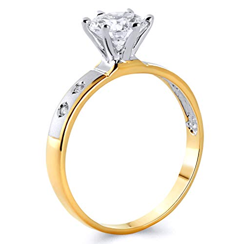 Wellingsale Ladies Solid 14k Two 2 Tone White and Yellow Gold Polished CZ Cubic Zirconia Round Cut Engagement Ring and Wedding Band Bridal Set - Size 4