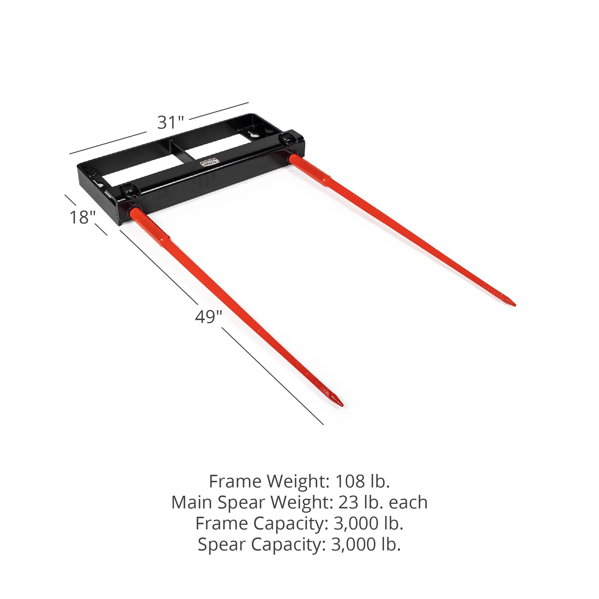 Titan Attachments Dual Prong 49" Hay Bale Spear Attachment, Universal HD Front Skid Steer Tractor Loader Bucket Attachment, 3000 LB Capacity, Conus 2 Tines, Chains and Ratchet Binders Included