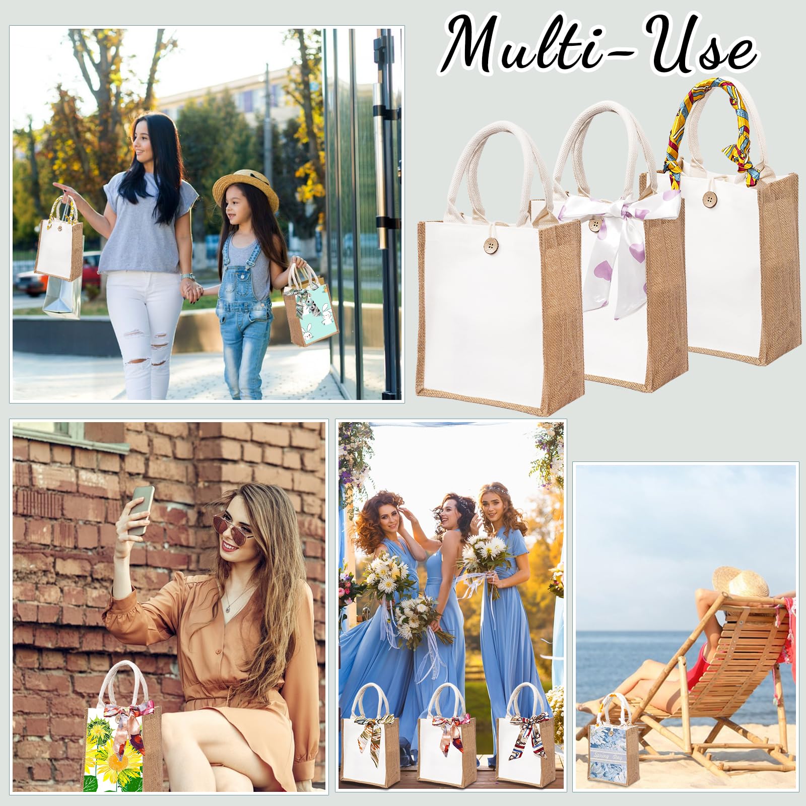 VeyFolzin.st Jute Burlap Totes Bags, Reusable Waterproof Tote Shopping Bag Blank DIY Canvas Gift Bag with Button & Ribbons (A)
