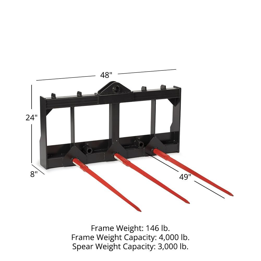 Titan Attachments HD Skid Steer Hay Frame Attachment, Three 49" Hay Spears, Rated 4,000 LB, Quick Tach Mounting, Hay Handing Equipment for Bobcat Tractors