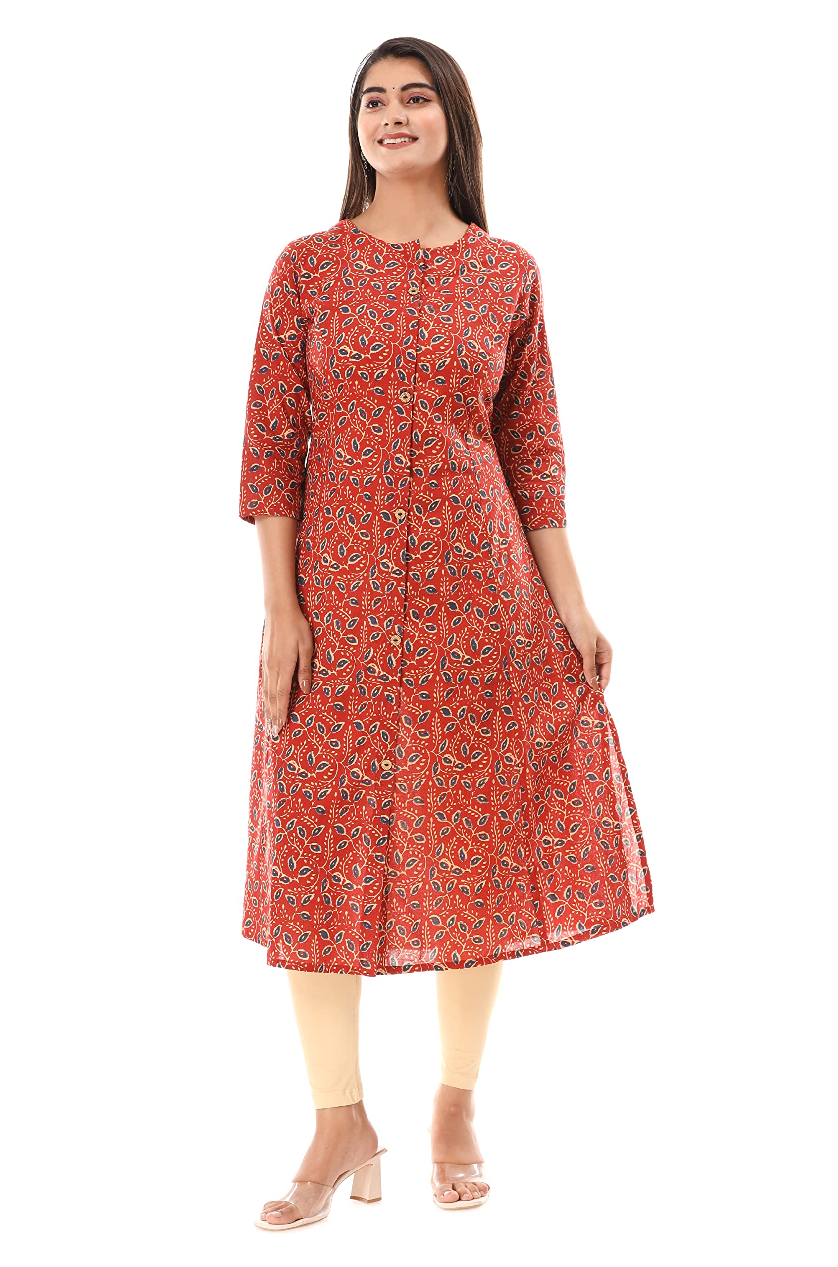 Vihaan Impex Printed Casual Red Floral Kurti for Women Long Kurta Tunic 3/4 Sleeve (as1 alpha l regular regular)