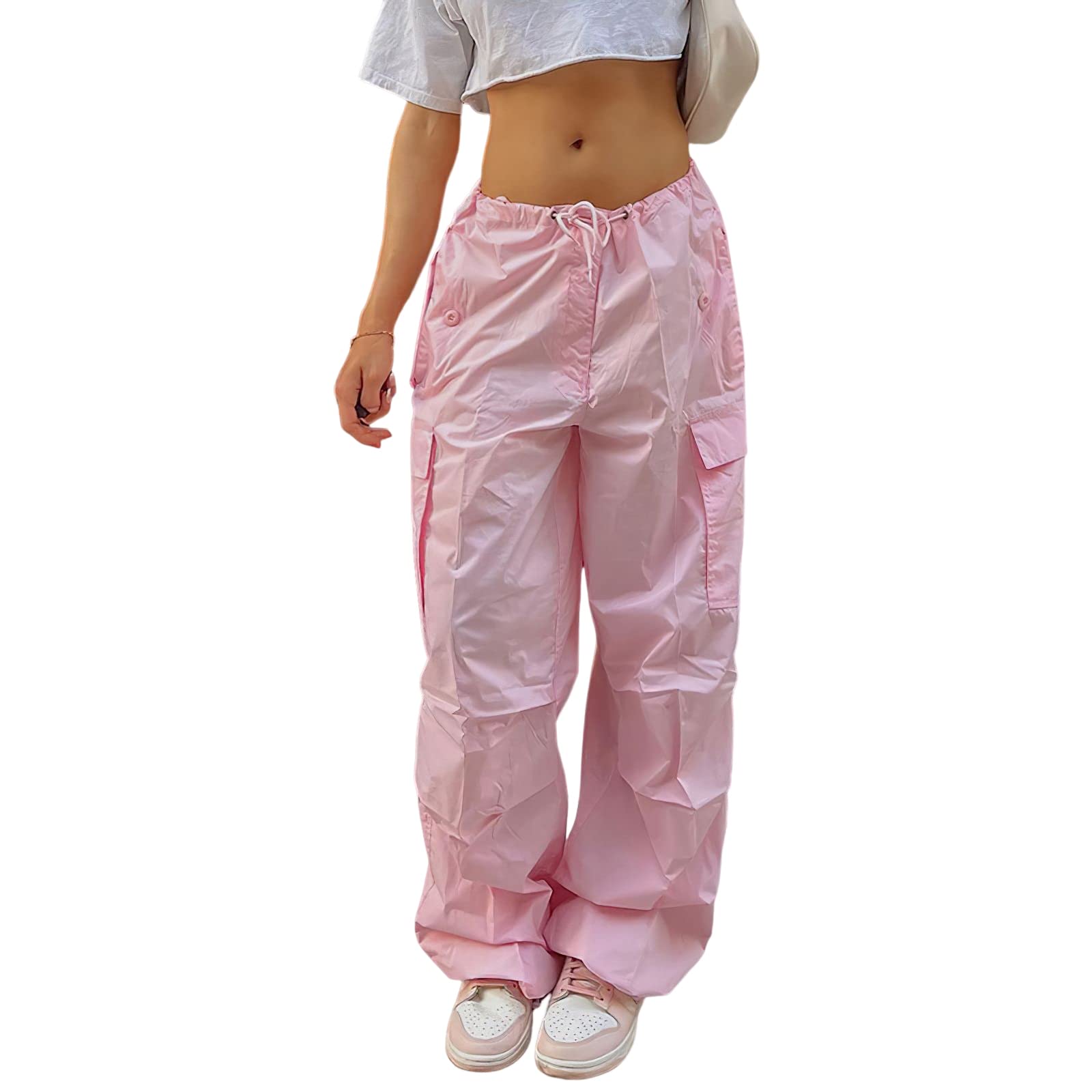 Viatabuna Parachute Women's Oversized Cargo Pants Drawstring High Rise Baggy Joggers Sweatpants Plus Size Y2K Wide Leg Pants Pink