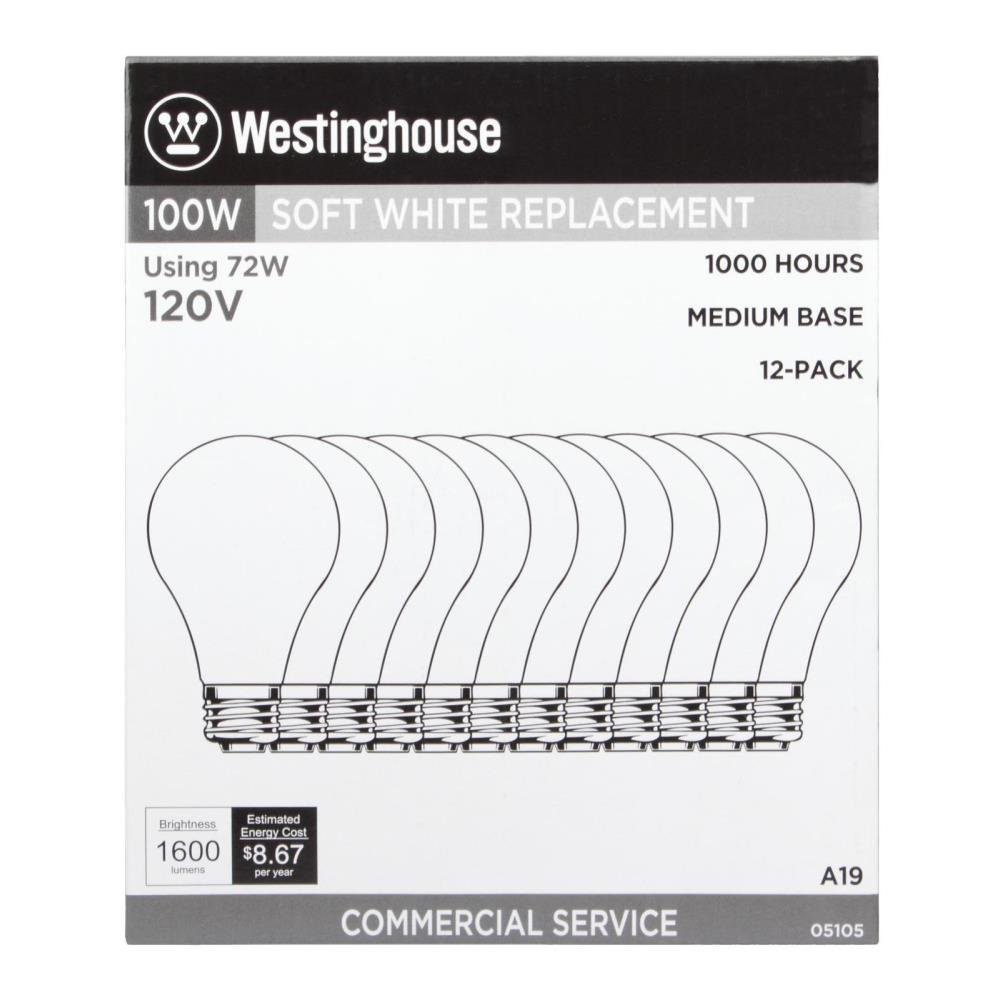 Westinghouse 0510500 72 Watt A19 Eco-Halogen Soft White Light Bulb with Medium Base (12-Pack)