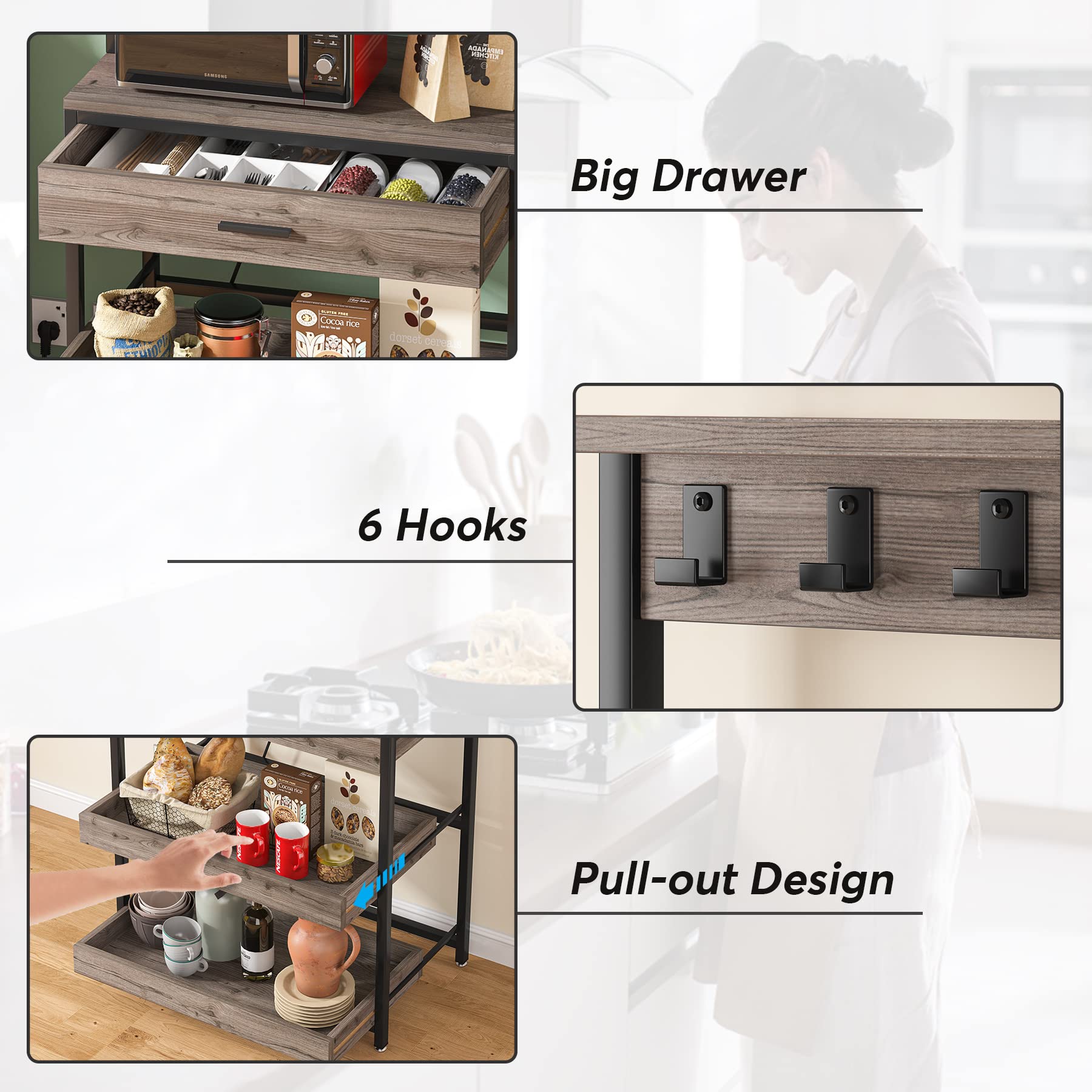 Tribesigns Kitchen Bakers Rack with Power Outlets, 5-Tier Microwave Oven Stand with Drawer and Sliding Shelves, Freestanding Coffee Bar, Kitchen Storage Shelf Organizer with 6 Hooks, Grey