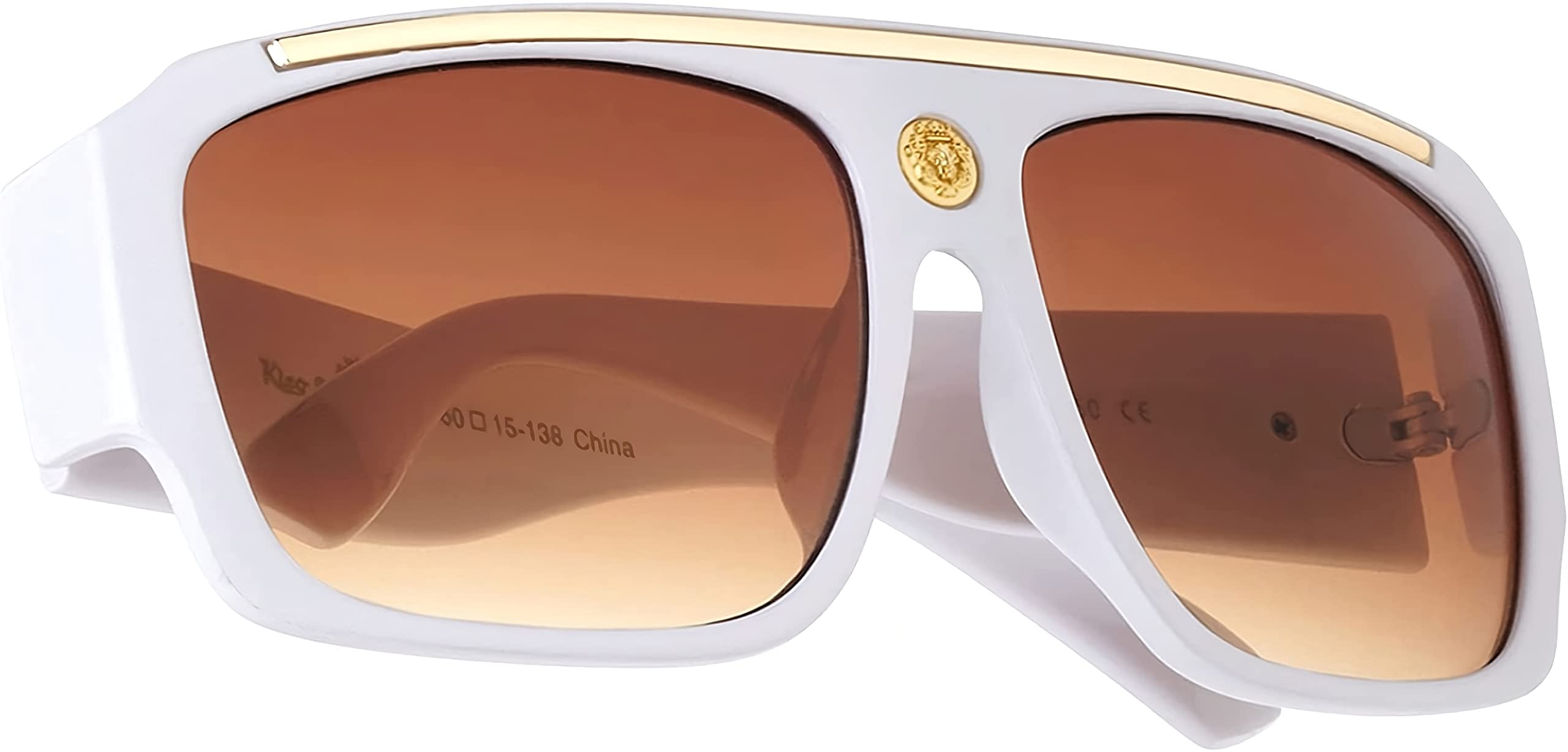 White & Gold Kleo Flat Top Hip Hop Rapper Retro Aviator Sunglasses w/ Brown Lenses