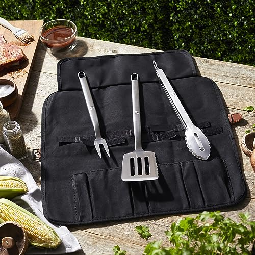 ZWILLING BBQ+ 4-pc Grill Tool Set, BBQ accessories, Grilling Gift Set, Set Includes Grill Spatula, Grill Tongs, Grill Fork and Chef's Tool Wrap, Stainless Steel, Dishwasher Safe
