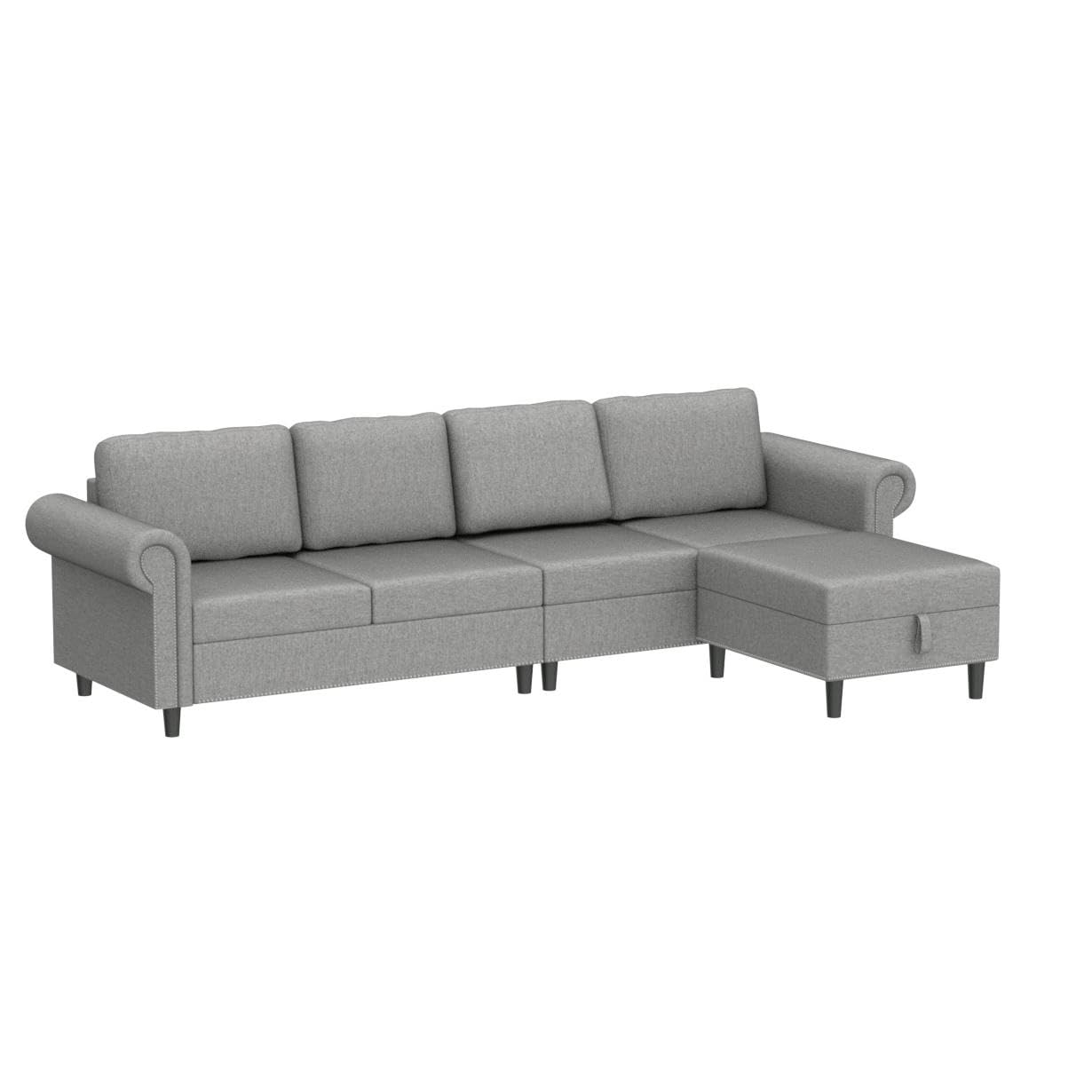 ZAFLY 102 Inch Oversized L Shaped Sofa with Reversible Storage Ottoman, 4-seat Sectional Couch with Footstool, Retro Design, Reversible Storage Chaise, Line Fabric Sofa for Living Room,Light Gray