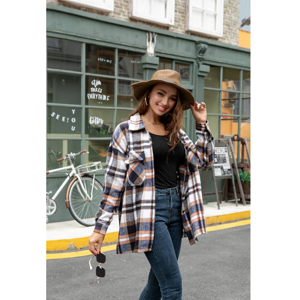 Women Classic Flannel Plaid Jacket Button Down Boyfriend Long Sleeve Lapel Shirts Casual Blouses Tops (Blue, Small)