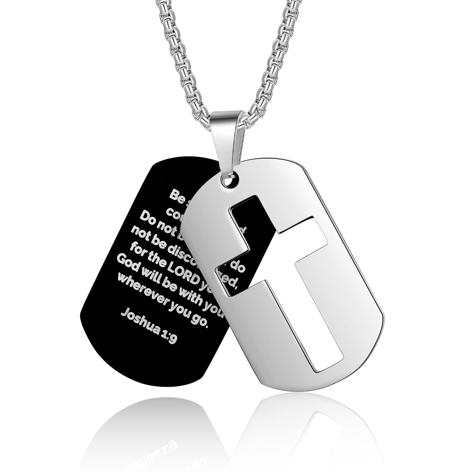 ZRAY Dog Tag Necklace for Men Bible Verse Cross Pendant Stainless Steel Chain 24inch Inspirational Christian Jewelry Meaningful Religious Gift(Be Strong)