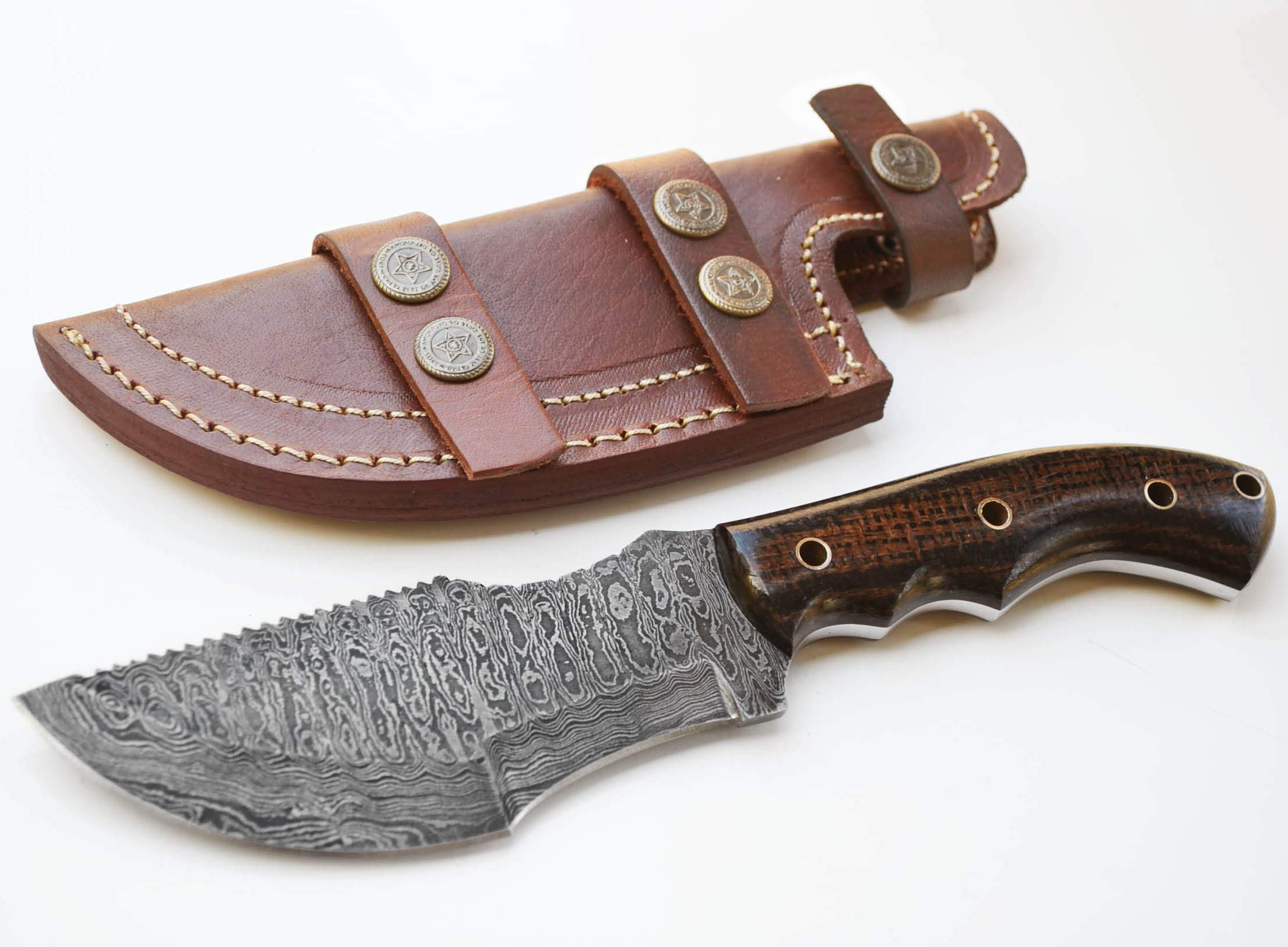 Whole Earth Supply Ladder Damascus Tracker Knife Hunting Knives Black & Brown Micarta +Sheath