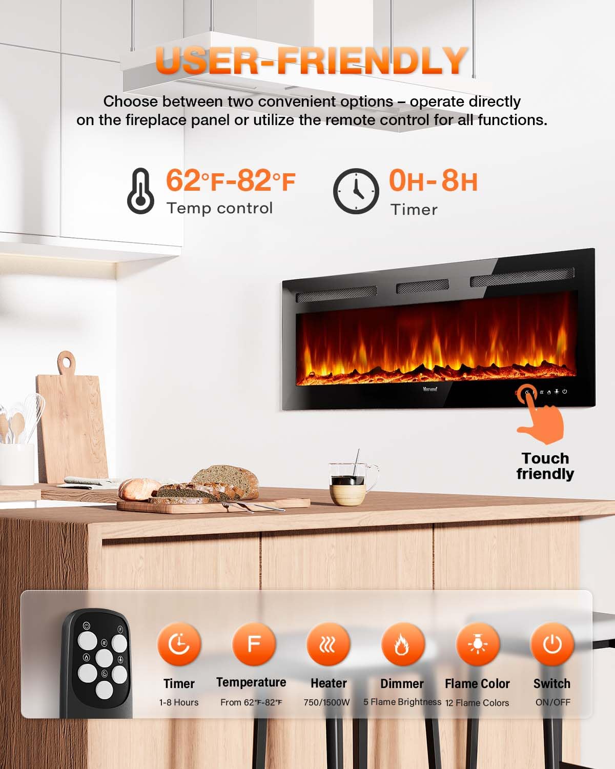 VISVEIL Electric Fireplace 50Inch,Realistic Flame Electric Fireplace Heater,Log Set/Crystal Flames 750-1500W with Timer Inserts/Wall Mounted/TV Stand Touch Screen & Remote