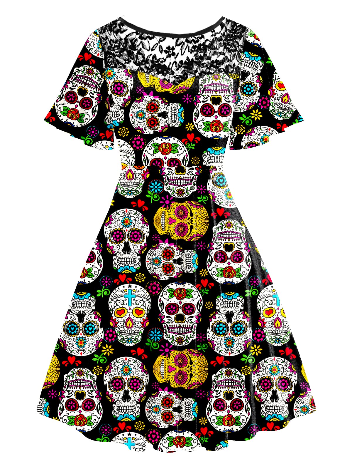 Women's Halloween Dress Day of The Dead Swing Dresses Retro Lace Rockabilly Fit Flare Dress XL