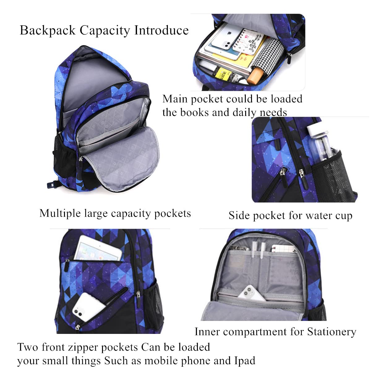 VIDOSCLA 3Pcs Geometric Rolling Backpack,Elementary Students Trolley Bag,Carry-on Primary School Book Bag with Lunch Bag&Pencil Case