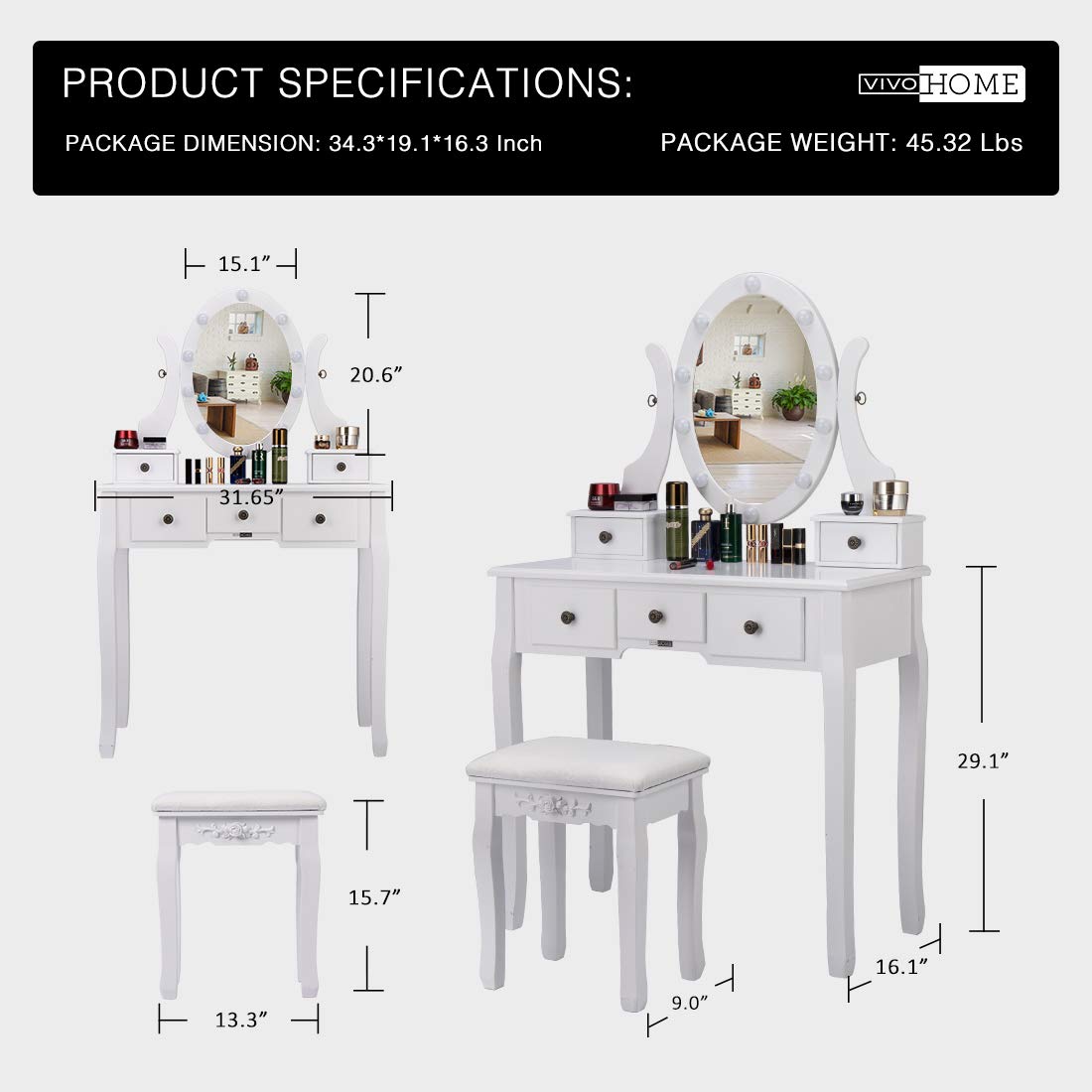 VIVOHOME Kids Vanity Set, Makeup Dressing Table with 360° Rotating Mirror for Girls, Pink Makeup Vanity Set with 10 Dimmable LED Bulbs, with 360° Rotating Lighted Mirror, White