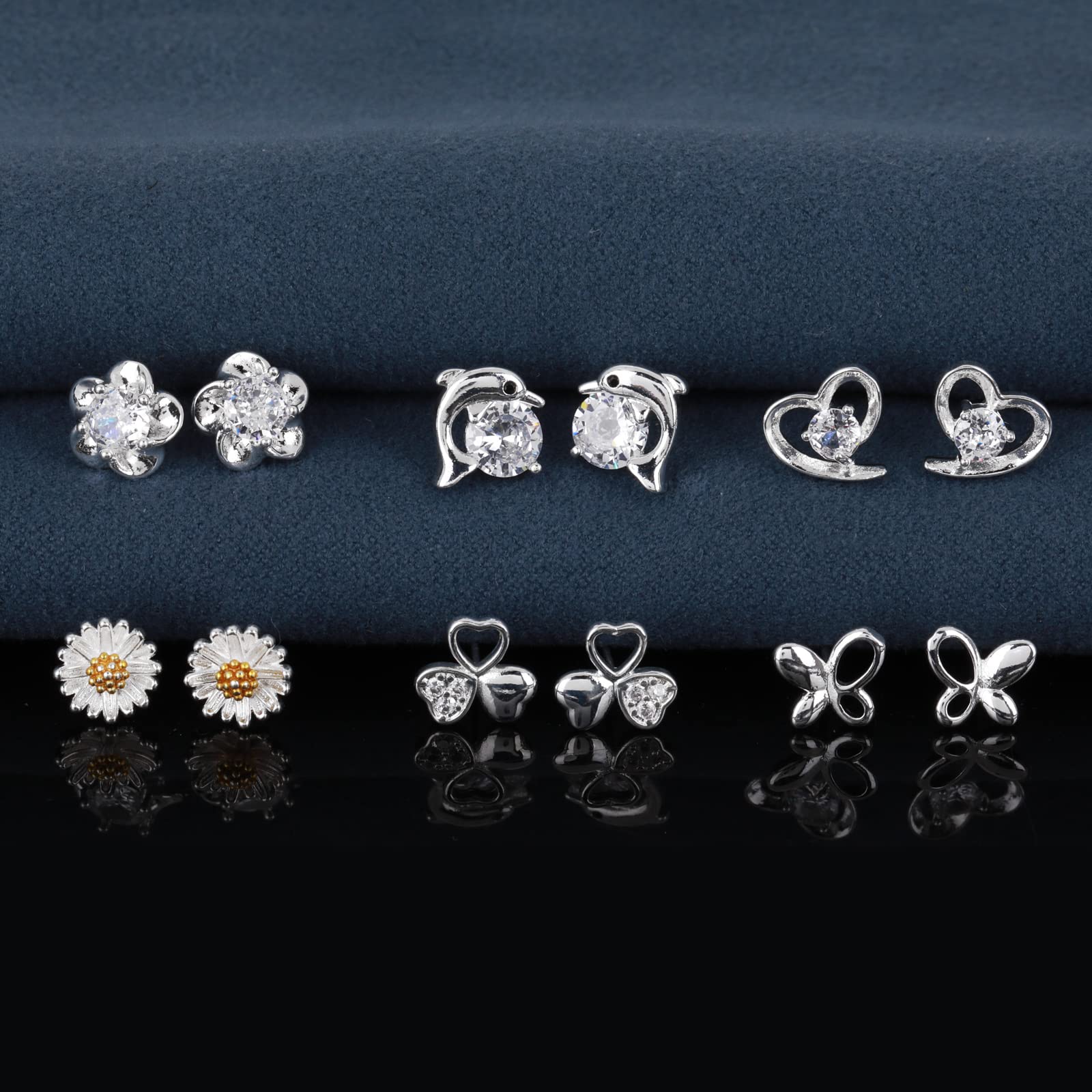 Yolev 6 Pairs Tiny Stud Earrings Set, Rhinestone Stud Earrings Hypoallergenic Heart Butterfly Flower Dolphin Daisy Silver Stud Earrings for Women