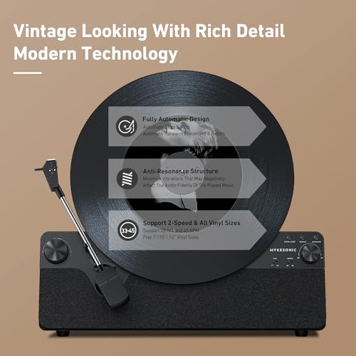 Vertical Automatic Record Player Bluetooth, MYKESONIC Belt Drive Vinyl Turntable, Magnetic AT-3600L Cartridge, Bluetooth in & Out, Hi-Fi Stereo Speakers, Aux in Headphone, RCA Out, Anti-Resonance