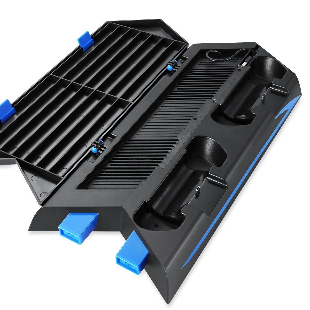TNP Stand + Controller Charger + Cooling Fan + USB Hub + Game Storage Holder - Vertical Dock Charging Station for DualShock Controller, External Cooler, 4-in-1 Accessories (Black) [Playstation 4]