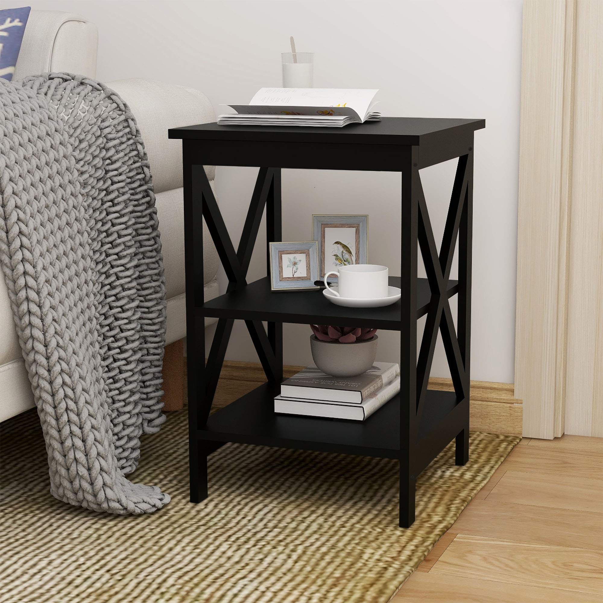 Zenvya 3-Tier End Table with Storage Shelves Versatile X-Design Sofa Side Table for Living Room Bedroom Apartment Small Space, Black