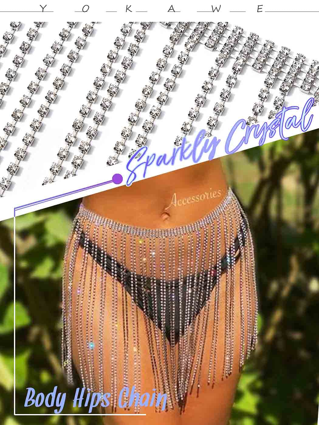 Yokawe Crystal Tassel Body Chains Belly Dance Skirts Rhinestones Bikini Hip Waist Chain Summer Beach Nightclub Accessories for Women (Silver)