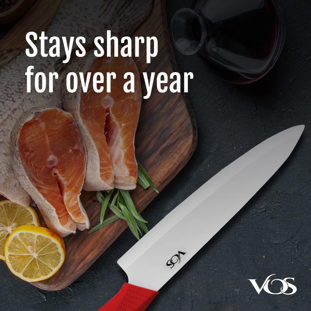 Vos Universal Knife Block and 8 Inch Ceramic Chef Knife Red