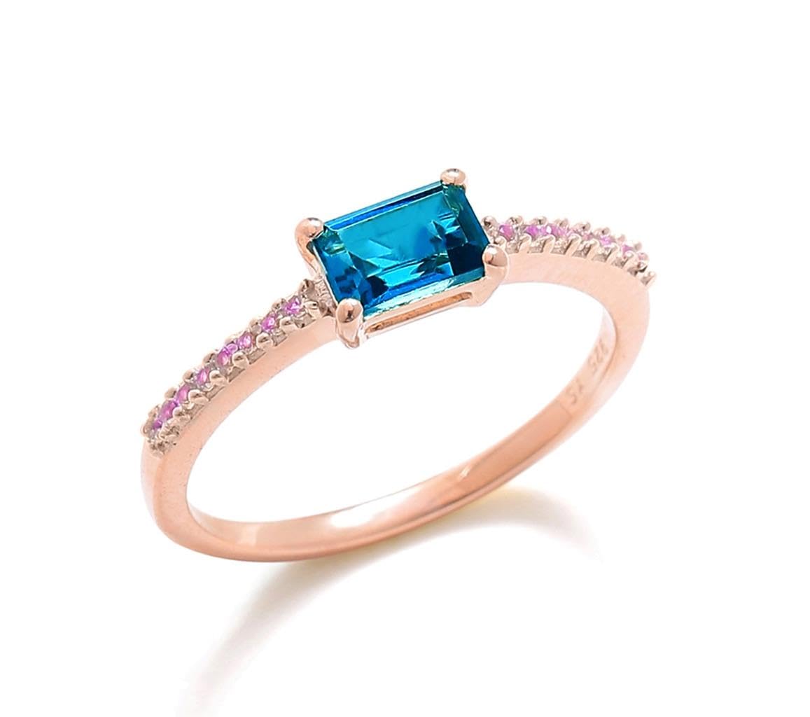 YoTreasure 10kt Rose Gold 0.92 ct. t.w. London Blue Topaz and Pink Sapphire Women's Engagement Ring