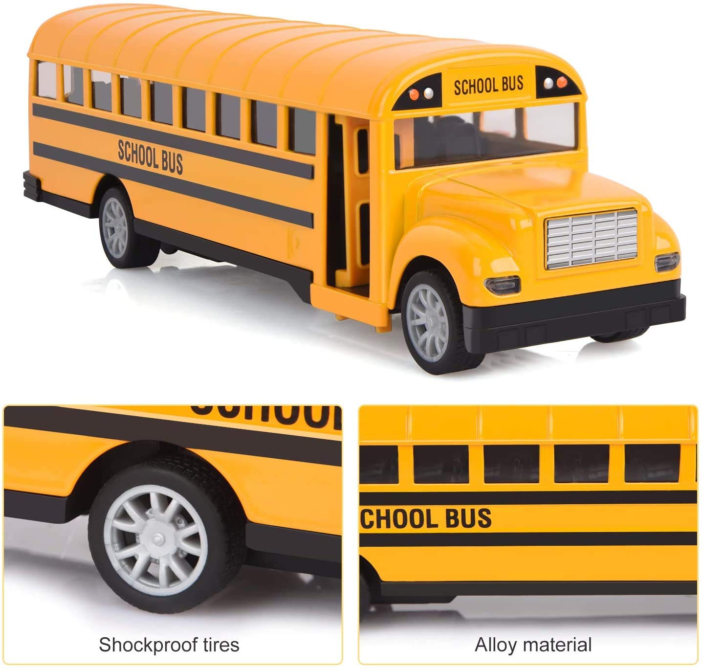 Think Wing School Bus Toy for Toddlers, 8.5 inch Die Cast Pull Back Cars Yellow Bus Play Vehicles with Sounds and Light
