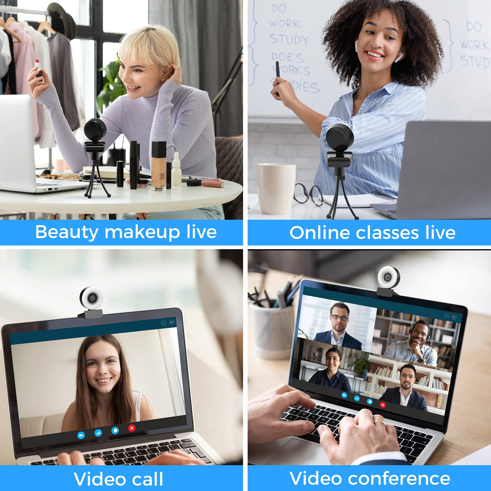 VUPUMER Webcam with Microphone 2K FHD Plug and Play USB Web Camera with Ring Light 3-Level Adjustable Brightness Webcam Gaming Camera for PC Mac Laptop Desktop, Zoom Skype Facetime Video Conference