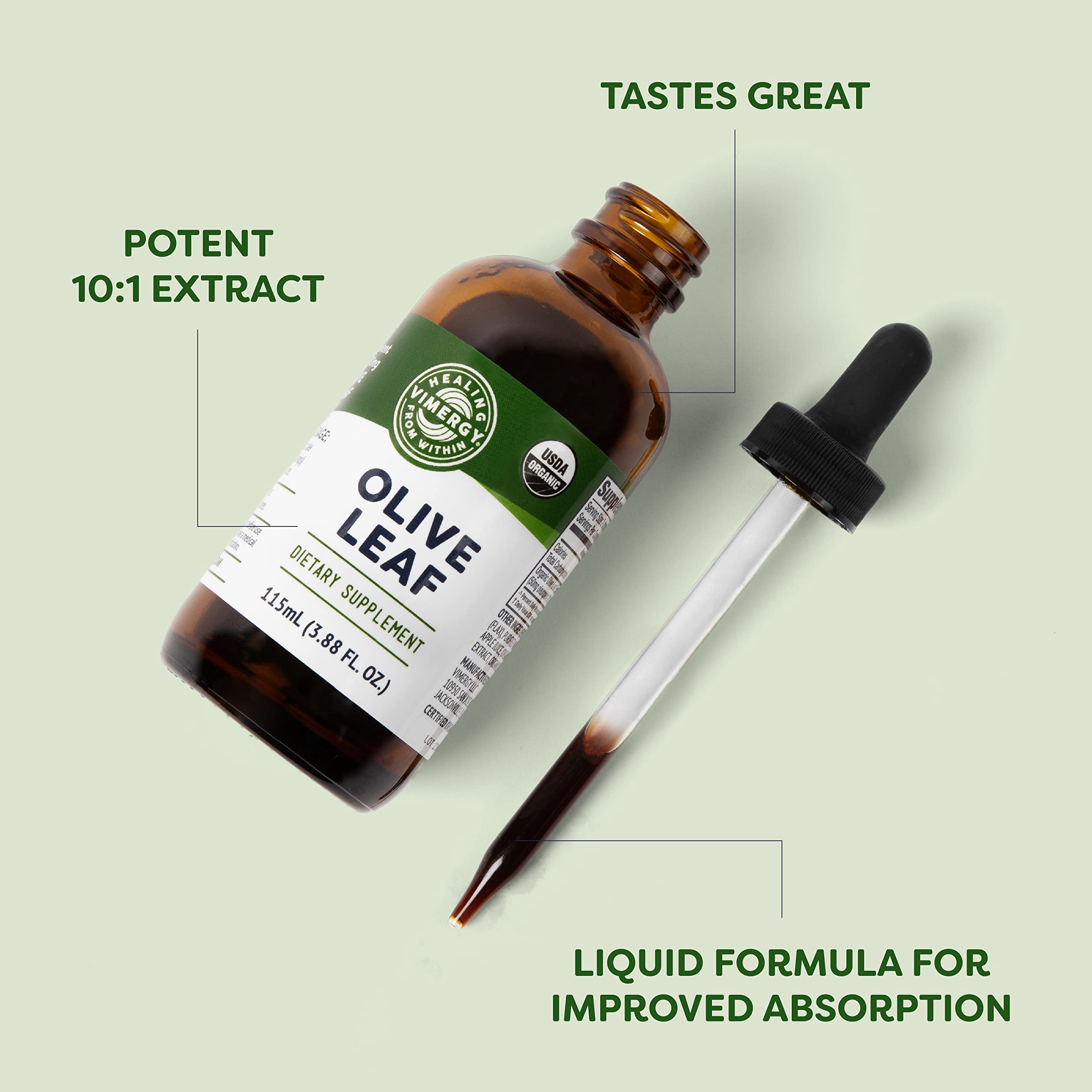 Vimergy Organic Olive Leaf Extract, 57 Servings – Pure Olive Leaf Liquid Drops – Supports Immune and Cardiovascular Health - USDA Organic, Gluten-Free, Non-GMO, Vegan & Paleo Friendly (115 ml)