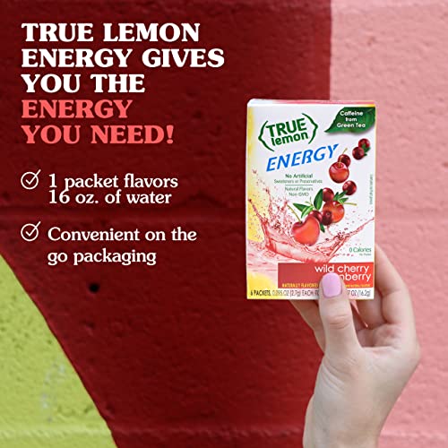 TRUE LEMON Energy Wild Cherry Cranberry Drink Mix,No Preservatives, No Artificial Sweeteners, Gluten Free Water Flavor Packets & Water Enhancer with Stevia, 6 Count (Pack of 12)