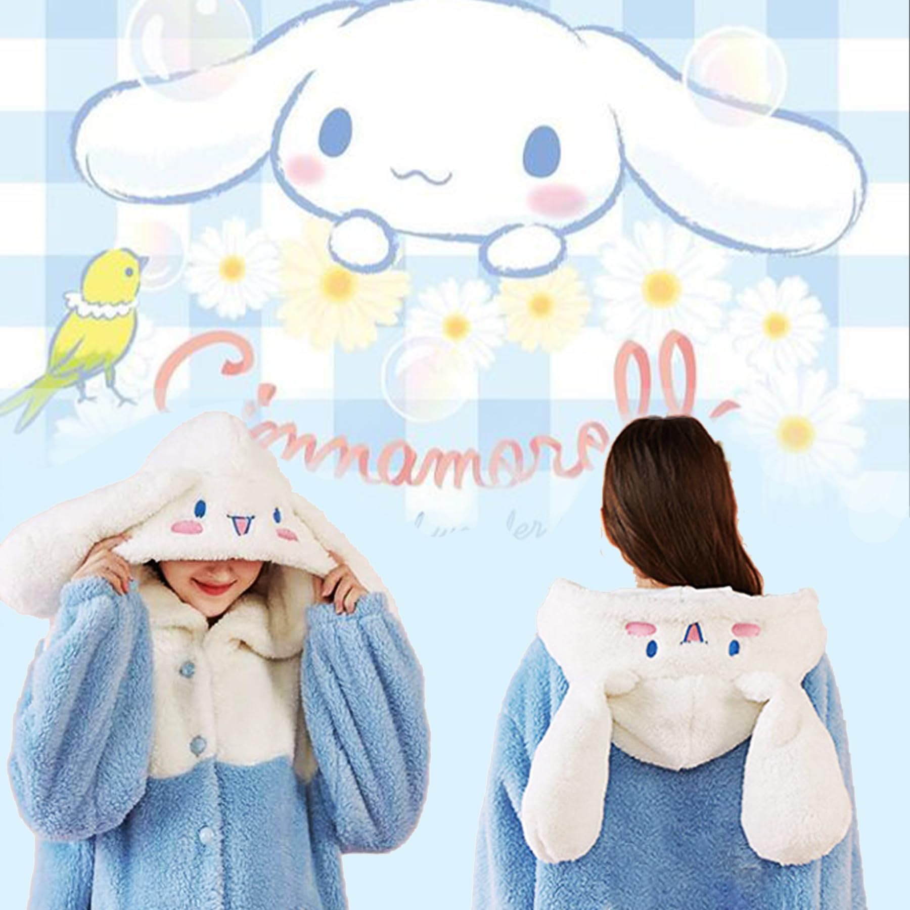 wsvyhoe Cartoon Pajamas Girl Warm Plush Sleepwear Robe Button Bathrobe Halloween Christmas Cosplay Clothes-M