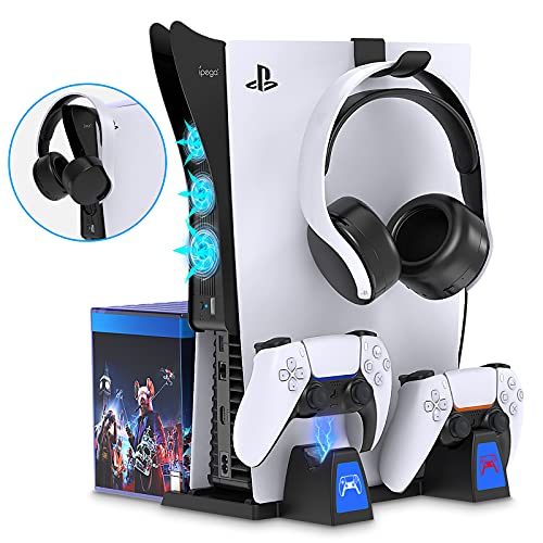YUANHOT Vertical Stand and 2-in-1 Cooling Fan Accessories Kit Compatible with PS5, Stand with Controller Charging Station Within 2-3H, Cooling System, Headset Holder, Extra USB Ports, 14 Game Slots